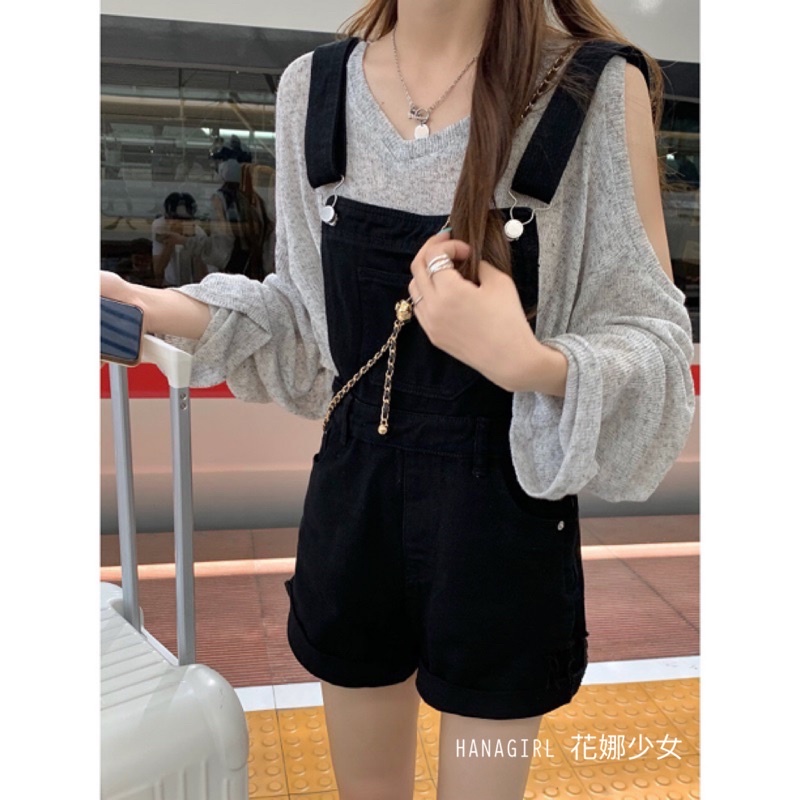 🎀Hanagirl 🇰🇷少女休閒捲邊吊帶褲 露肩T恤 Y034 O027 D212 | 蝦皮購物