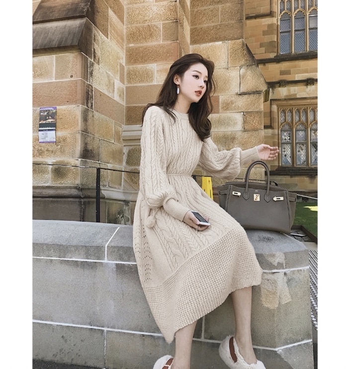 🎀Hanagirl 🇰🇷法式小香風燈籠袖針織洋裝 連身裙 長袖洋裝 W006 配毛球腰帶 | 蝦皮購物