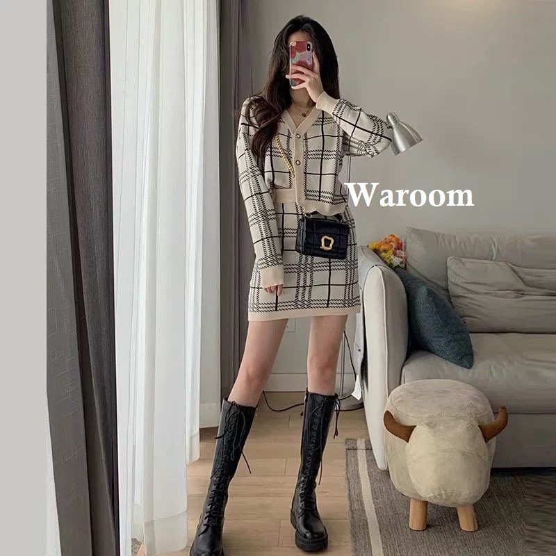 Waroom|現貨 秋冬韓國小香風V領格紋長袖針織衫+包臀裙套裝|女裝|小香風兩件套|冬天套裝|名媛風 58008 | 蝦皮購物