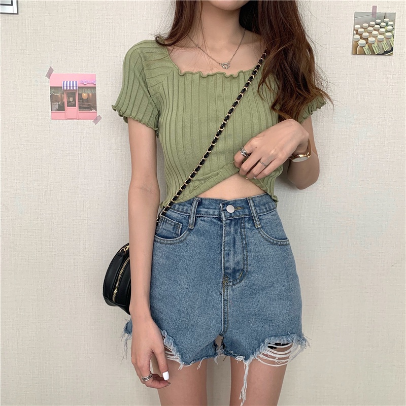 Waroom|現貨 S87 韓版捲邊短版短袖針織上衣|修身顯瘦|短款上衣|花邊|木耳邊|坑條上衣|短袖上衣|彈性|露臍 | 蝦皮購物