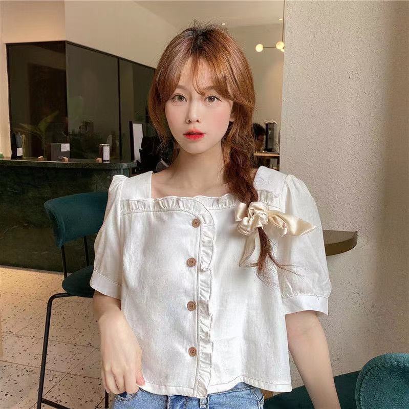 S~5XL 大尺碼 女生短袖襯衫 韓版 寬鬆 方領 質感 泡泡袖 襯衫 學院風 時尚百搭 ins潮 甜美 設計感 短版上 | 蝦皮購物