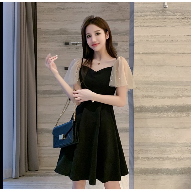 🎀Hanagirl 正韓 名媛氣質小黑裙 赫本風網紗珍珠短袖洋裝 E080 | 蝦皮購物