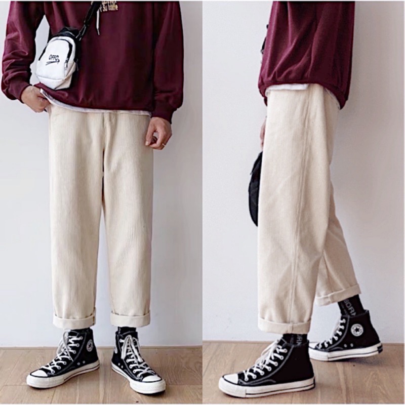 [現貨秒發]O7O7 made⚡️自訂質感細燈芯絨 寬褲 挺又有彈性 九分褲 燈芯絨 寬褲 日本工裝 穿搭 潮男 韓系 | 蝦皮購物