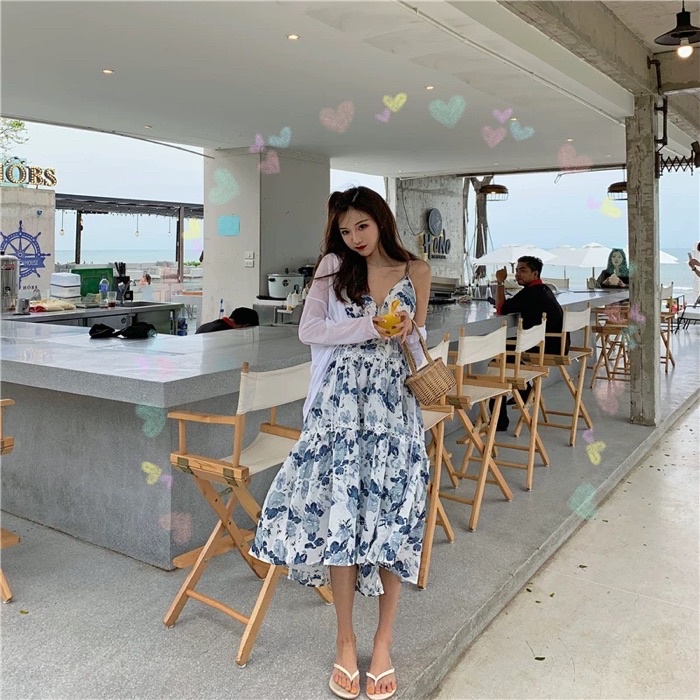 🎀 Hanagirl 正韓 海灘度假必備 長洋裝 名媛風性感露背 禮服 深玫瑰花雪紡洋裝 沙灘洋裝 I118 | 蝦皮購物