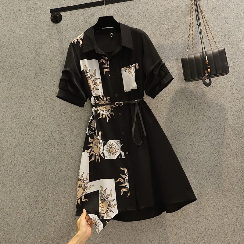 L~4XL 女生大尺碼短袖洋裝 韓版 印花 收腰 襯衫裙 學生 時尚百搭 ins潮 中長款 洋裝 遮肉 減齡 簡約 拼接 | 蝦皮購物