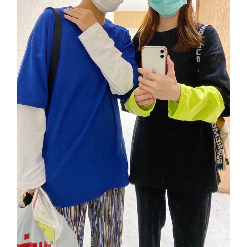 [現貨]O7O7自訂 MIT假兩件長短Tee 寬鬆長袖 素T 螢光色 韓國穿搭 多層次 Igo | 蝦皮購物