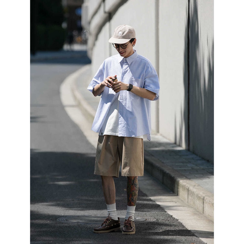 日系條紋復古襯衫男CityBoy寬鬆休閒襯衫短袖襯衫外套 藝文 好拍照 男女都可穿 帥氣 藍色 面試 通勤 | 蝦皮購物