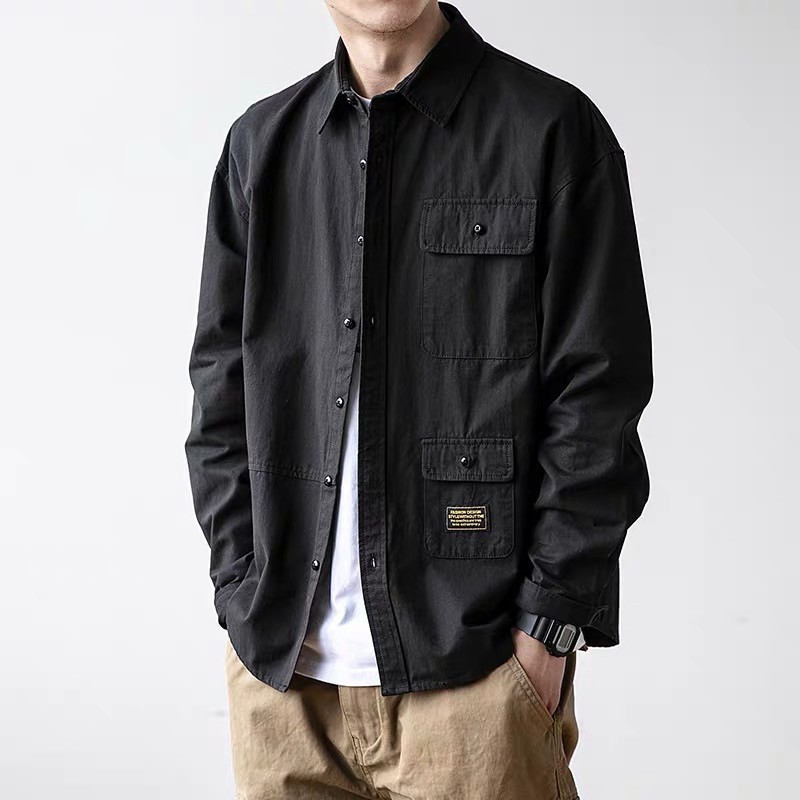 Gshop.】日系復古純色簡約工裝襯衫男韓版寬鬆長袖襯衣情侶百搭外套 | 蝦皮購物