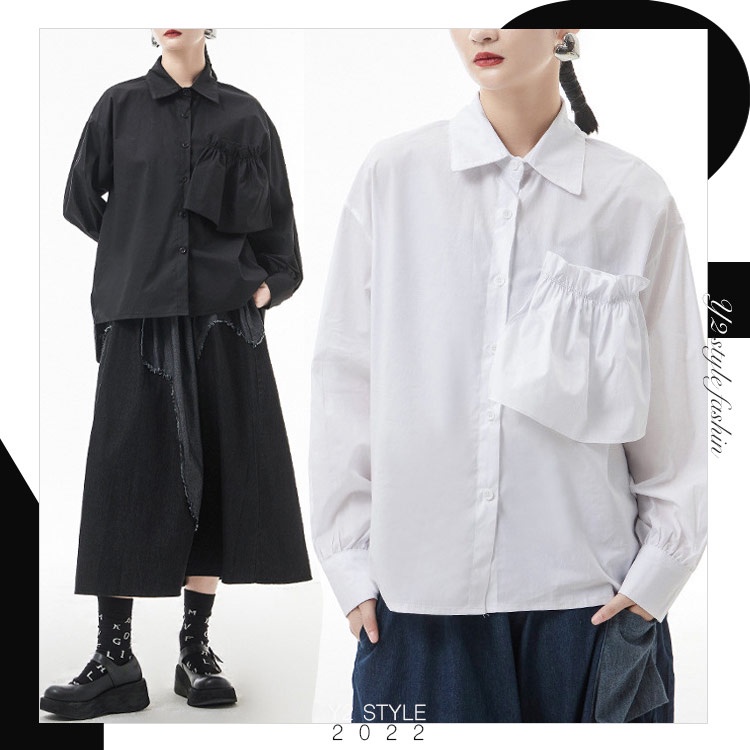 Y2 style ️x（現貨）純色造型木耳邊襯衫 ️Y2style歐美設計款寬鬆韓版個性中大尺碼【A190327】 | 蝦皮購物