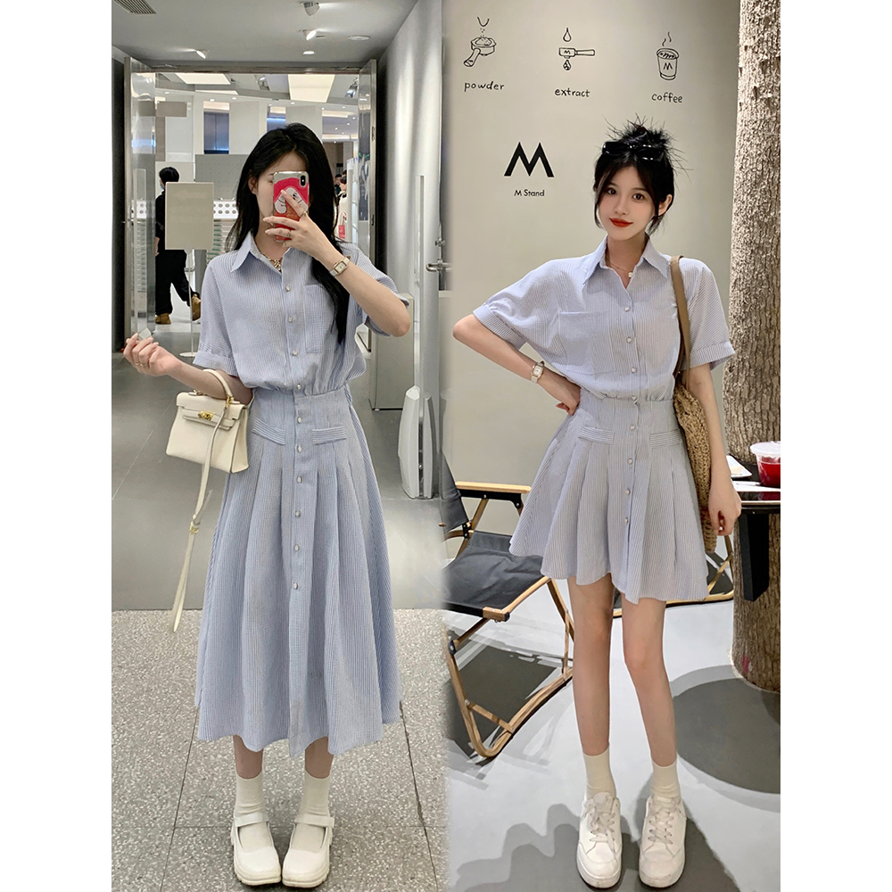 L-4XL現貨實拍大尺碼女裝夏季新款條紋襯衫裙胖MM顯瘦休閒polo領短袖洋裝 | 蝦皮購物