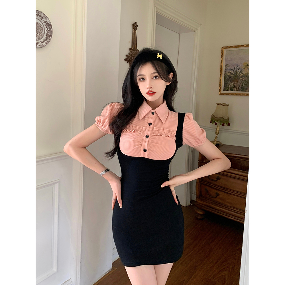 L-4XL實拍~大尺碼女裝夏甜美少女假兩件洋裝胖MM愛心扣針織裙包臀短裙 | 蝦皮購物