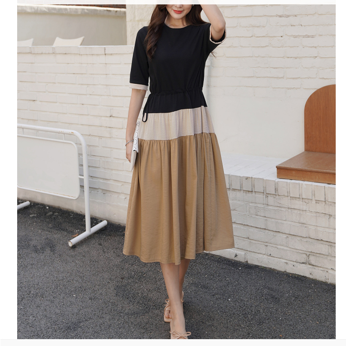 實拍現貨XL-5XL新款大尺碼女裝韓版針織T恤拼接圓領短袖洋裝胖mm收腰顯瘦A字長裙 | 蝦皮購物
