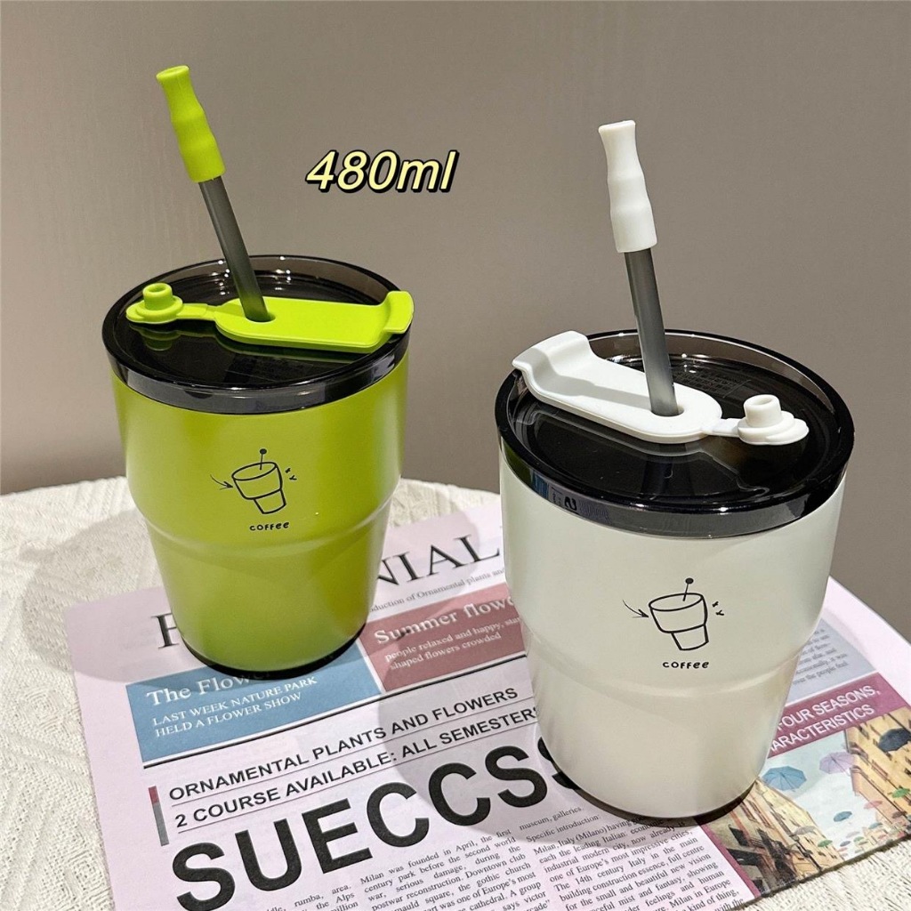 304不鏽鋼保溫杯 女生 咖啡 杯吸管水瓶 家用 咖啡杯 牛奶杯 帶把手 480ML | 蝦皮購物