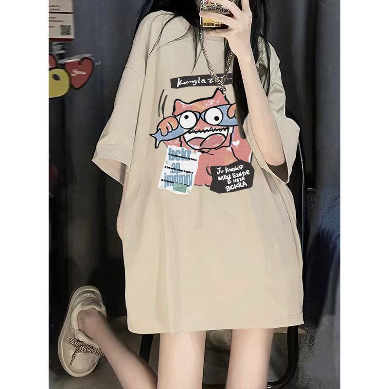 【L-4XL】超大卡通貓印花短袖圓領寬鬆情侶T恤 | 蝦皮購物