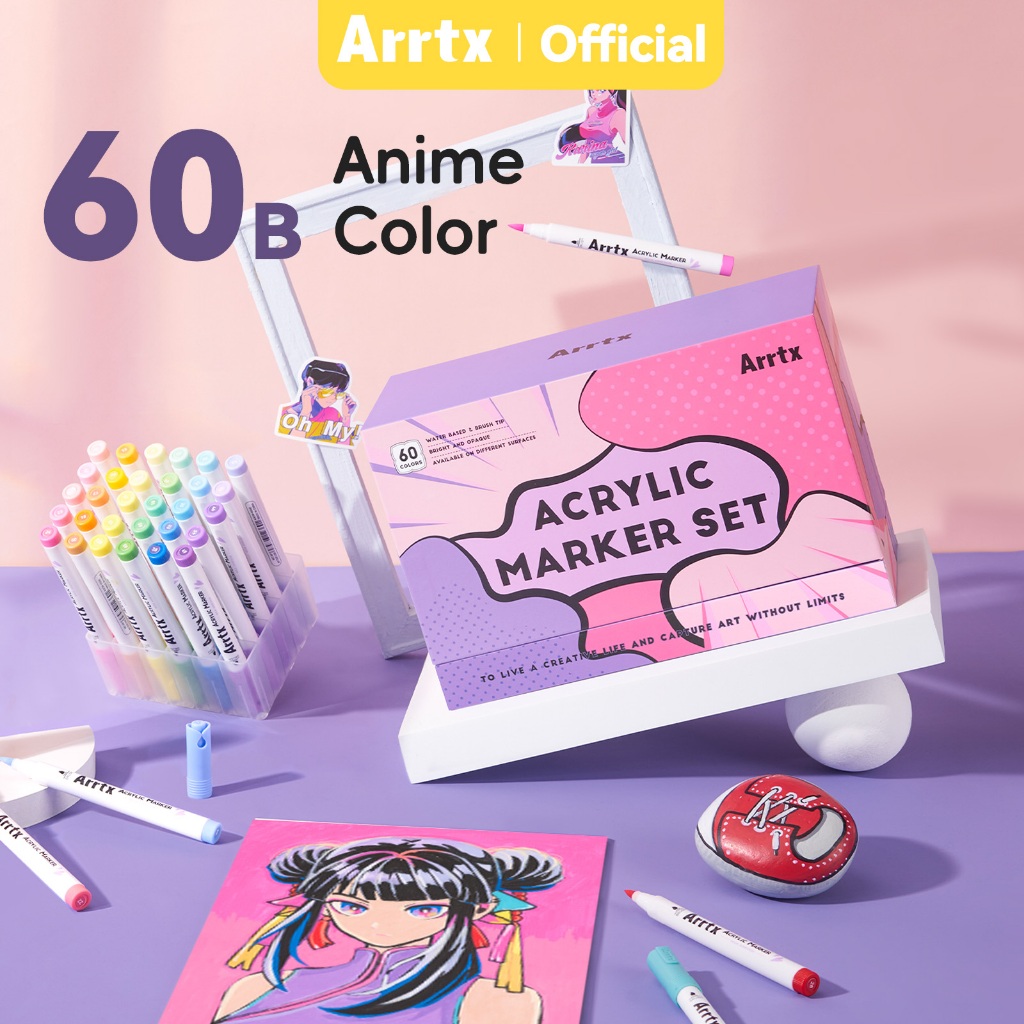 Arrtx 60 動漫顏色丙烯酸標記,1-6 毫米刷頭水性丙烯酸塗料標記,用於 DIY 繪畫、木材、玻璃、織物 | 蝦皮購物