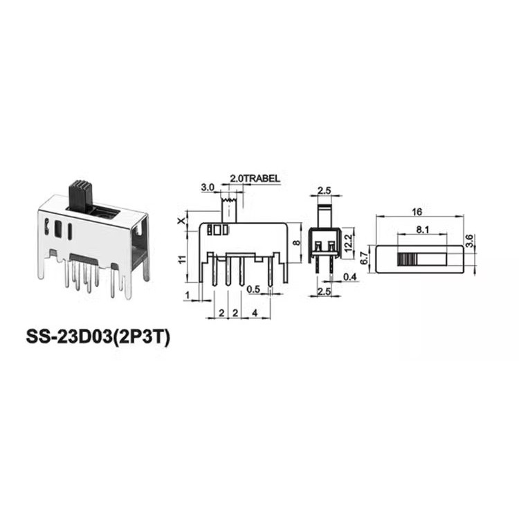 MODULE 20個全新撥動開關SS-23D03G5(2P3T)3檔八腳4只固定腳立式滑動開關 | 蝦皮購物