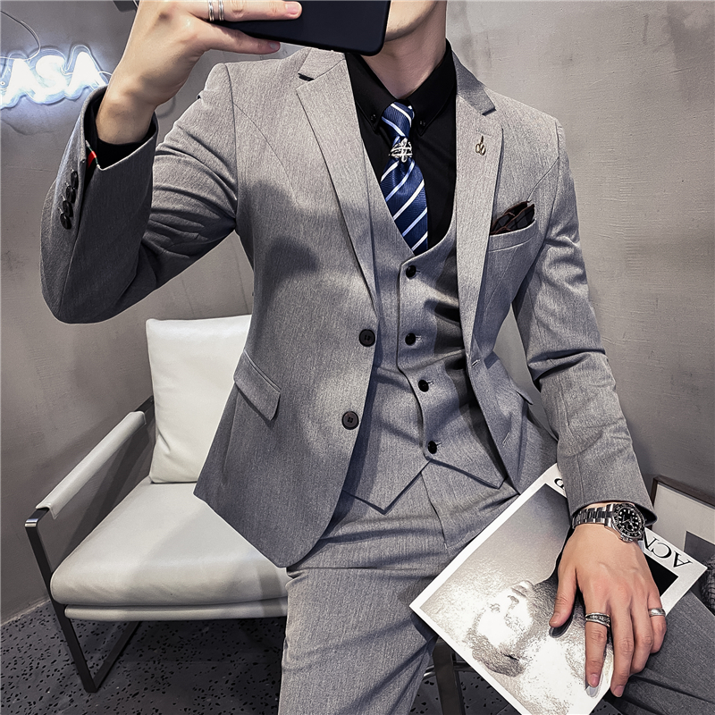 【總裁系列】VOEVOE西裝套裝男西裝 單排雙紐扣西服 顯身韓版西裝外套馬甲西褲三件式 商務西裝外套 整套西裝 素色西裝 | 蝦皮購物