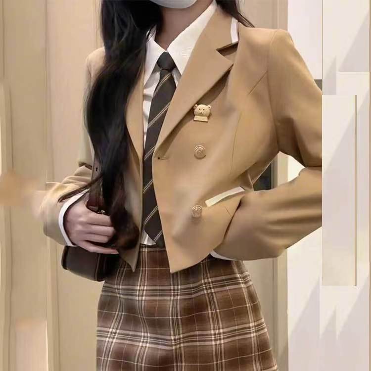 【衛蘭女裝】美式學院風jk小西裝外套 秋裝辣妹小個子收腰制服 襯衫 半身裙三件式套裝女 | 蝦皮購物
