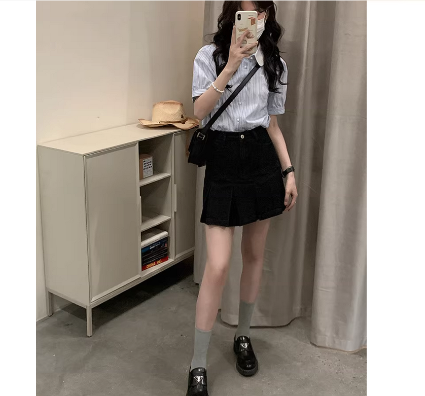 72313 藍色條紋翻領寬鬆短袖襯衫女 | 蝦皮購物