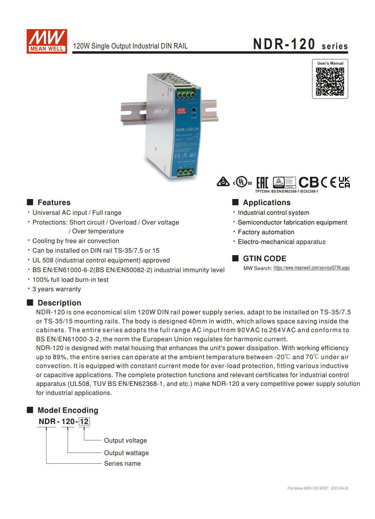 Mean WELL NDR-120-24 DC24V 5A NDR-120-12 DC12V 10A 開關電源明緯直流電 | 蝦皮購物