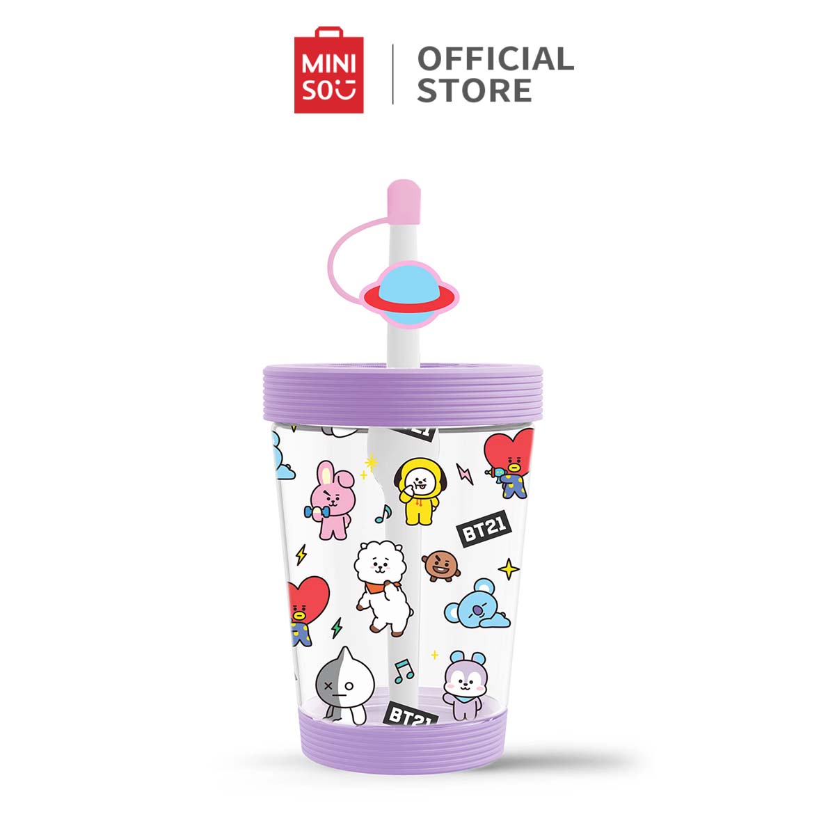 Miniso x BT21 Collection 塑料杯便攜式飲水杯可愛設計辦公室和家庭休閒杯帶吸管 535mL | 蝦皮購物