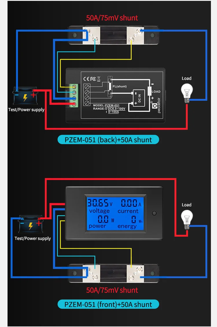 Pzem-031 PZEM-051 直流電能數字電壓電流表 LCD DC 6.5-100V 20A 50A 100A | 蝦皮購物