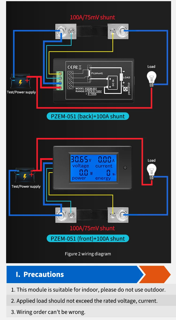 Pzem-031 PZEM-051 直流電能數字電壓電流表 LCD DC 6.5-100V 20A 50A 100A | 蝦皮購物