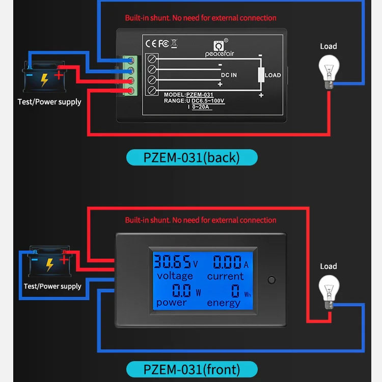 Pzem-031 PZEM-051 直流電能數字電壓電流表 LCD DC 6.5-100V 20A 50A 100A | 蝦皮購物