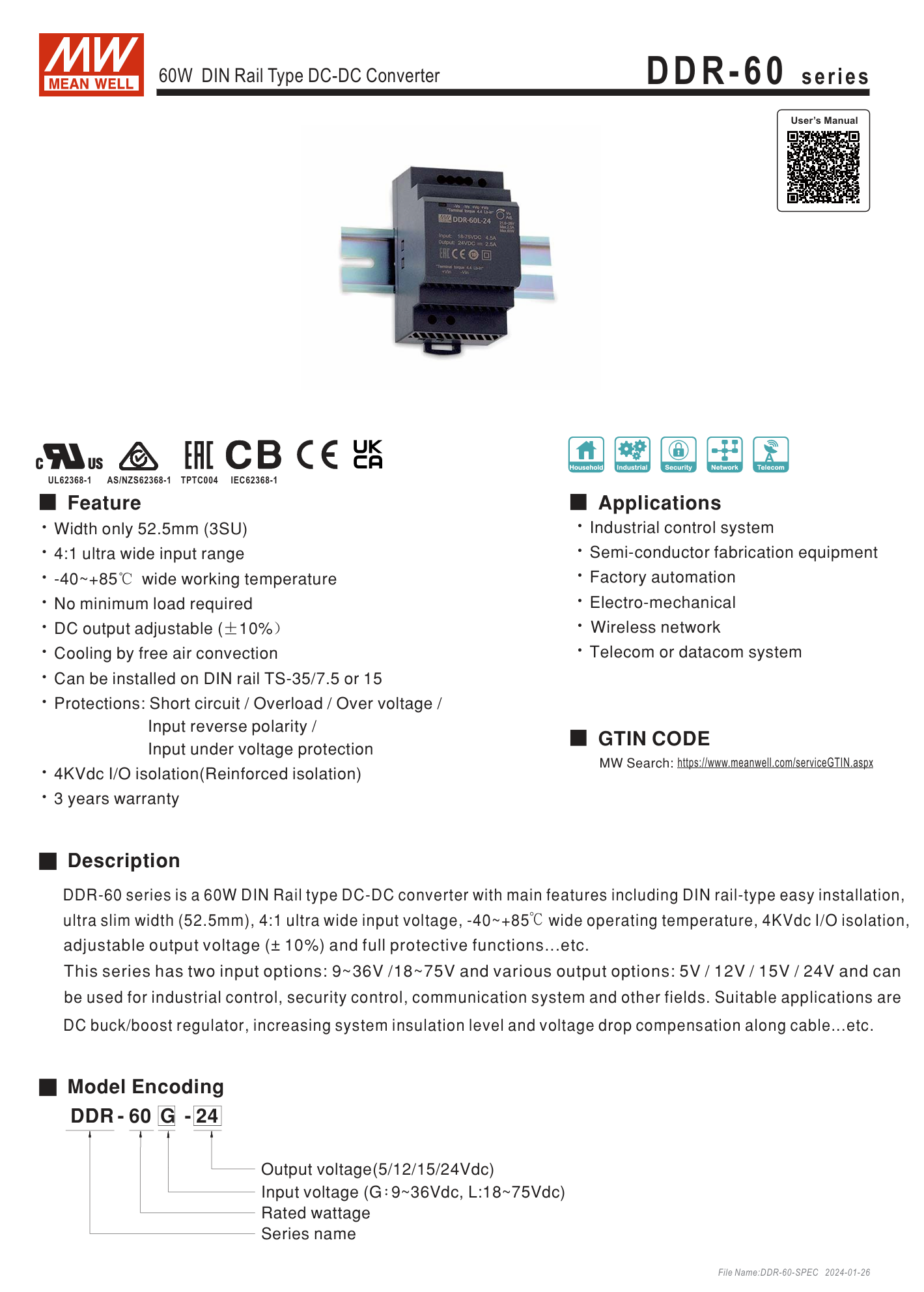 Mean WELL DDR-60G-5 DDR-60G-12 DDR-60G-24 輸入9-36VDC 明緯開關電源 D | 蝦皮購物