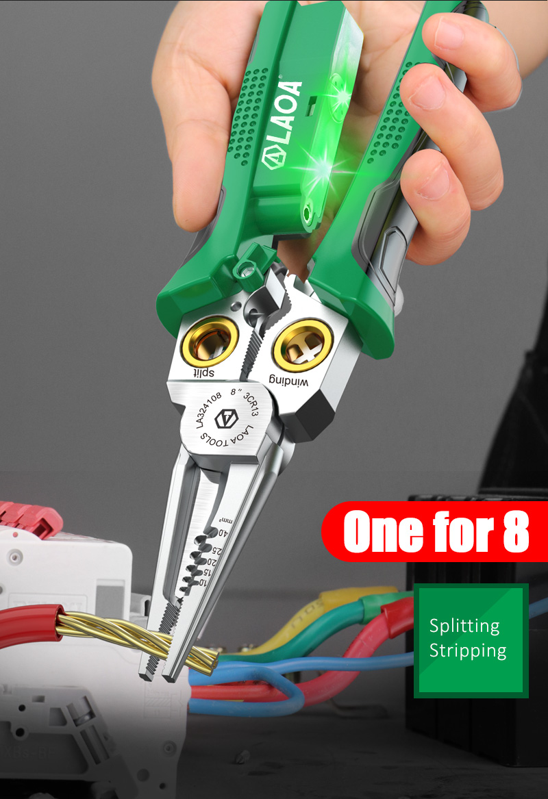 【單件免郵】LAOA 電工鉗多功能 Wi re 剝線鉗 8 合 1 不銹鋼尖嘴鉗,帶電動測量手動工具(帶備用刀片) | 蝦皮購物