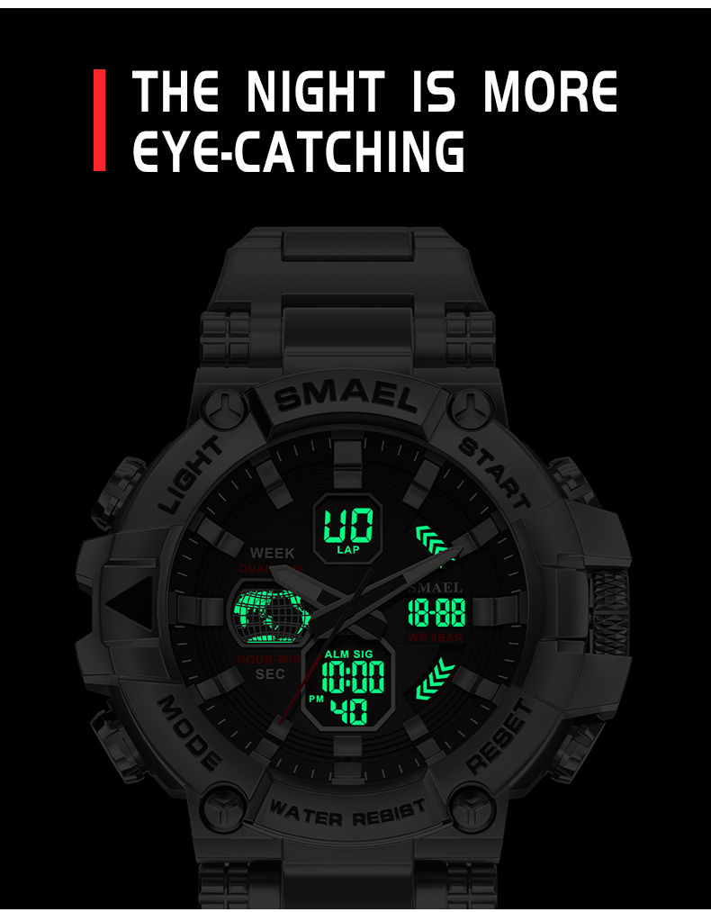 Smael 男士豪華不銹鋼錶帶手錶 8096 雙顯示 LED 電子數字手錶防水運動手錶 | 蝦皮購物
