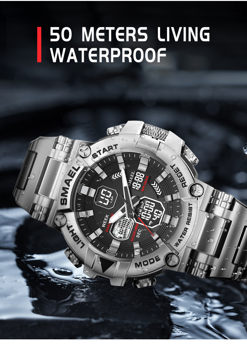 Smael 男士豪華不銹鋼錶帶手錶 8096 雙顯示 LED 電子數字手錶防水運動手錶 | 蝦皮購物
