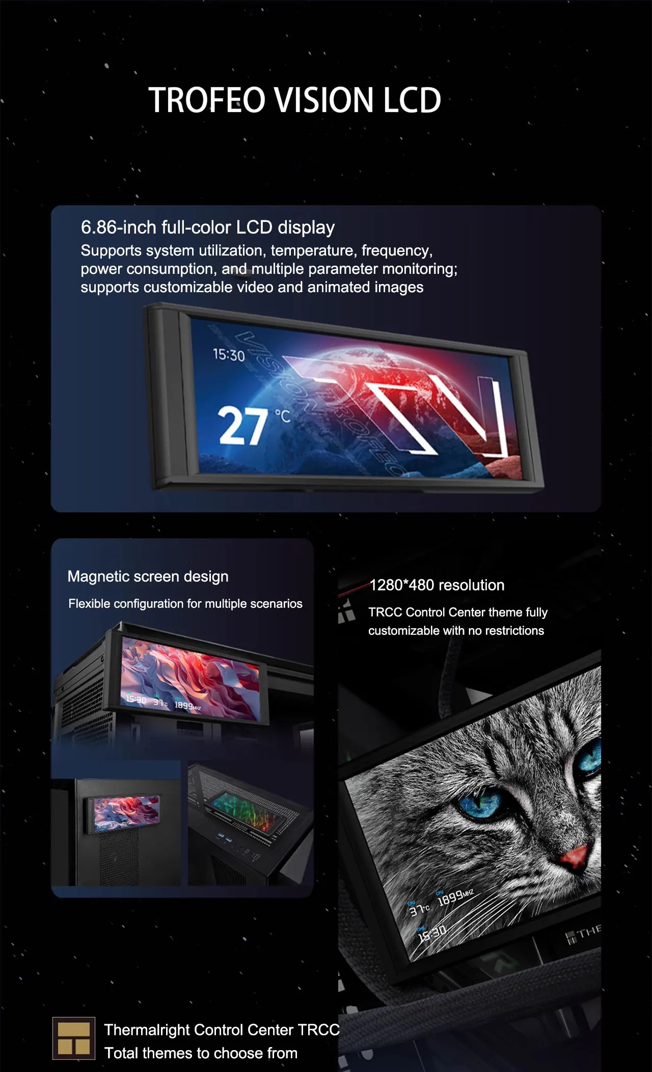 Thermalright LCD 6.86英寸全彩顯示USB智能外殼二次屏1280*480分辨率磁性設計 | 蝦皮購物