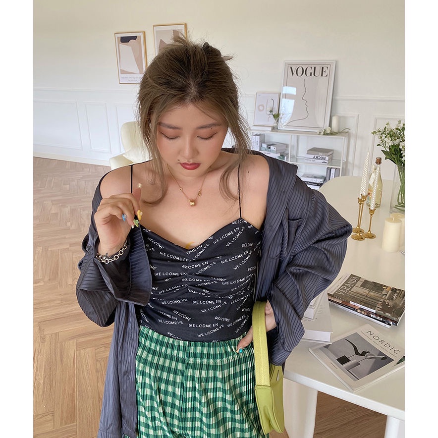 L~4XL 大尺碼 女生吊帶背心 韓版 寬鬆 性感 V領 無袖背心 學院風 字母印花 ins潮 小可愛 短版上衣 抹胸 | 蝦皮購物