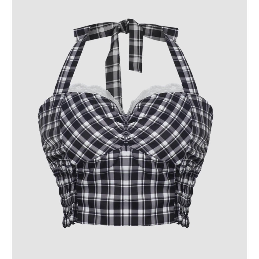 juicici 黑色 黑白 格紋 蕾絲 格子 掛脖 繞頸 背心 上衣 叛逆 甜美 可愛 龐克 搖滾 | 蝦皮購物