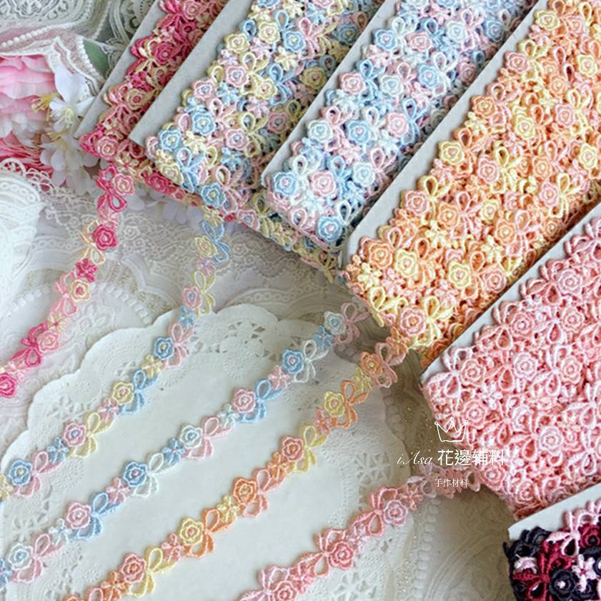 《iAsa愛莎の》手作材料 日本馬卡龍色蝴蝶結花朵刺繡水溶花邊DIY髮飾洋裝項鍊花邊材輔料 | 蝦皮購物