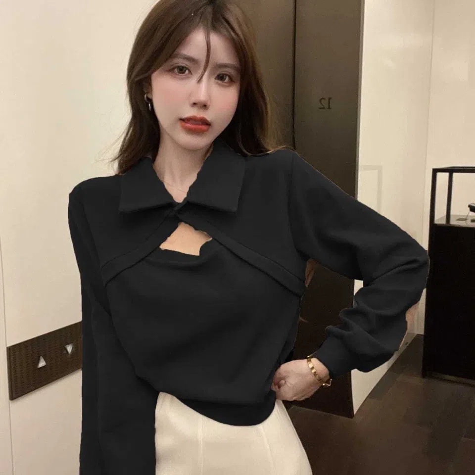 M~4XL 大尺碼 女生長袖T恤 polo領 鏤空上衣 設計感 小眾 學院風 時尚百搭 ins潮 甜美清新 短版上衣 鈕 | 蝦皮購物