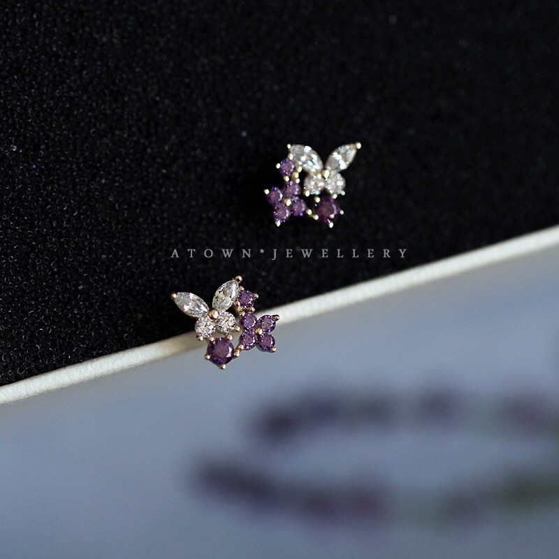 =現貨= ATOWN 輕珠寶 純9K金 薰衣草色小花與蝴蝶耳釘K金耳環 | 蝦皮購物