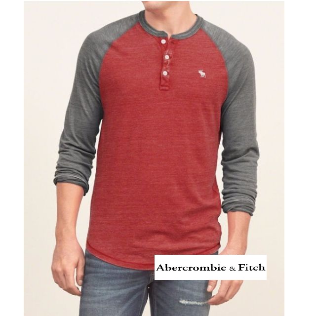 §上鉌嚴選 A&F Abercrombie&Fitch Baseball Henley 麋鹿刺繡拼色亨利領棒球長T-紅 | 蝦皮購物