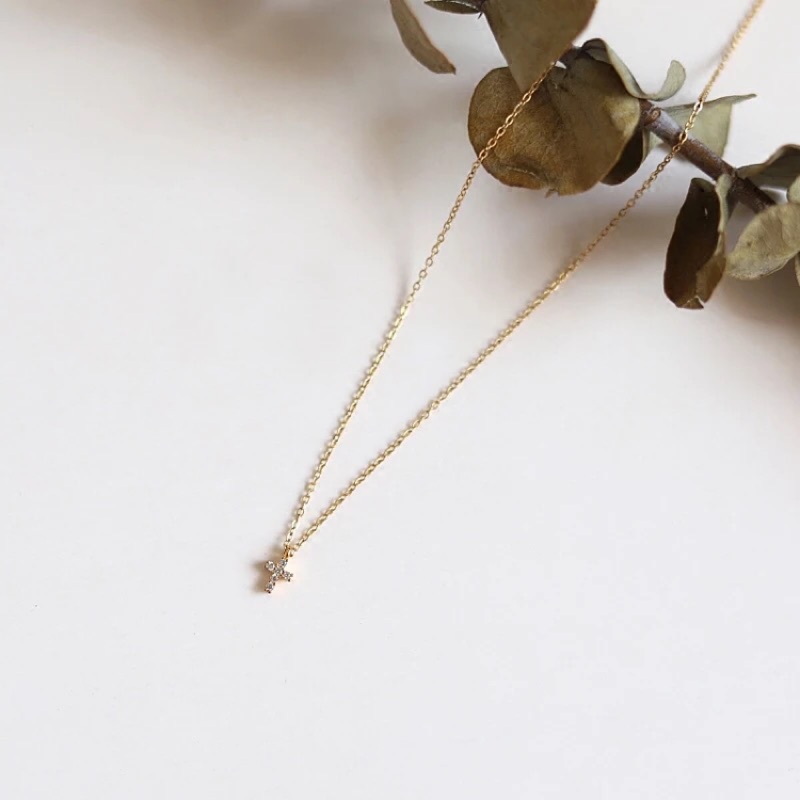 DJ訂製 日系風格 14k包金超迷你鑲鑽鋯石十字架極細鏈項鍊鎖骨鏈14KGF 禮物 | 蝦皮購物