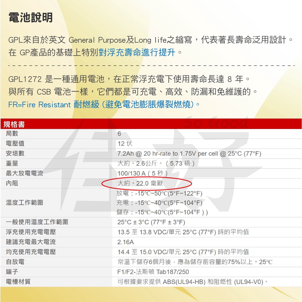 佳好電池 全新／含稅價 CSB GPL1272 F2FR 12V7.2AH 耐燃級 長效型蓄電池 GP1272進階升級版 | 蝦皮購物