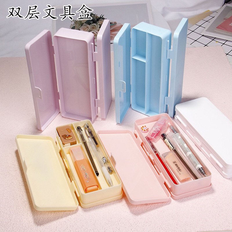 雙層文具盒 加厚PP塑膠雙開兩面大容量筆盒 學生鉛筆收納盒 奶油膠筆盒 | 蝦皮購物