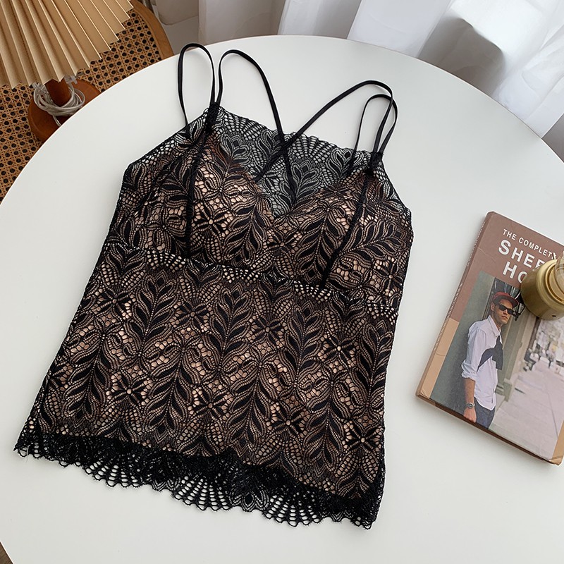 內搭 美背 小可愛實拍 網紅炸街黑透膚蕾絲吊帶背心美背打底上衣 帶胸墊.3F051.愛尚依人 | 蝦皮購物