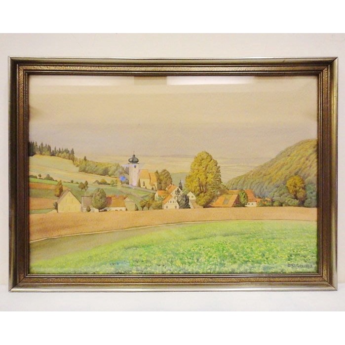 【拾年之路】 1940年代二戰期間德國山城細筆水彩畫(落款)(54x38) | 蝦皮購物