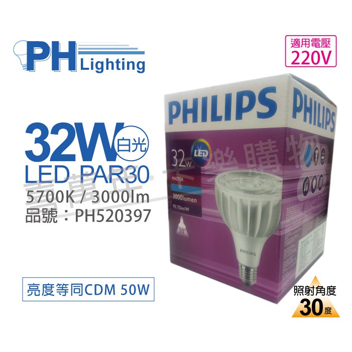 [喜萬年] 含稅 PHILIPS飛利浦LED PAR30 32W 30度 白光 220V E27 燈泡_PH520397 | 蝦皮購物