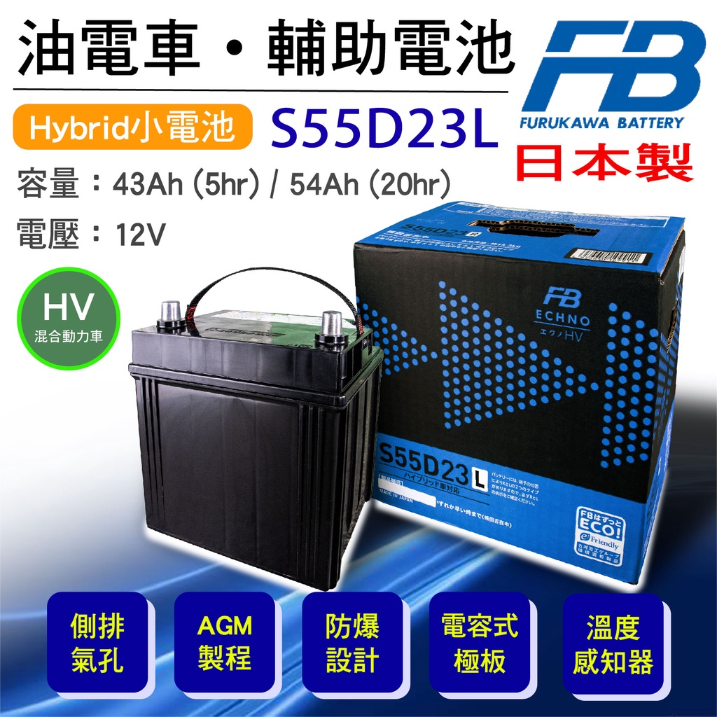 「永固電池」 古河 FB S55D23L S55D23R 油電車 輔助電池 日本原裝 Hybrid 小電池 AGM製程 | 蝦皮購物
