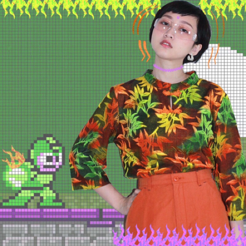 ．綠橘植絨上衣．台灣製 樹葉紋路 盤扣 中國結 彈性針織 七分袖 Y2K 螢光disco 日本古著Vintage | 蝦皮購物