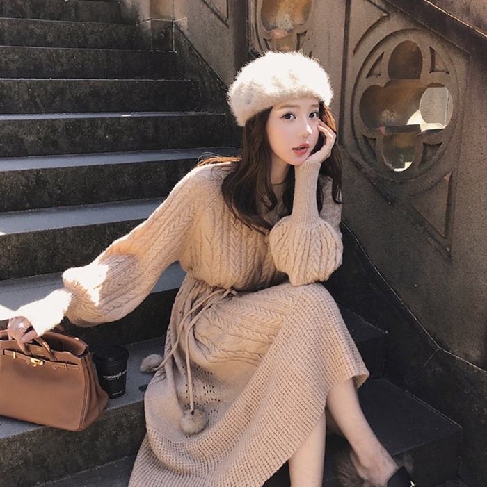 🎀Hanagirl 🇰🇷法式小香風燈籠袖針織洋裝 連身裙 長袖洋裝 W006 配毛球腰帶 | 蝦皮購物