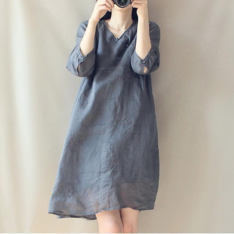 虞姬服飾-連衣裙 棉麻洋裝 民國風刺繡雙層仿苧麻寬鬆洋裝 復古斜襟盤扣改良旗袍裙短版 亞麻洋裝 連身裙 | 蝦皮購物