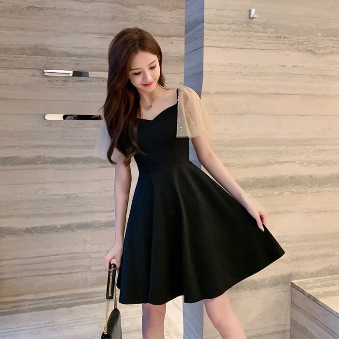 🎀Hanagirl 正韓 名媛氣質小黑裙 赫本風網紗珍珠短袖洋裝 E080 | 蝦皮購物